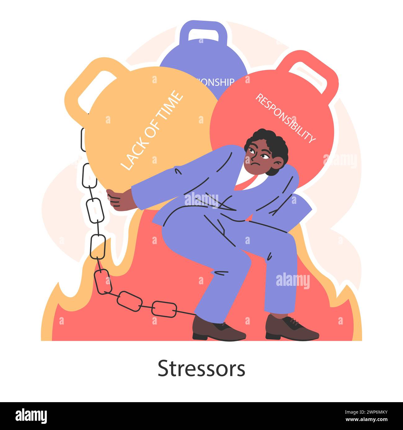 Overwhelmed businessman bending under heavy stressors. Serious ...