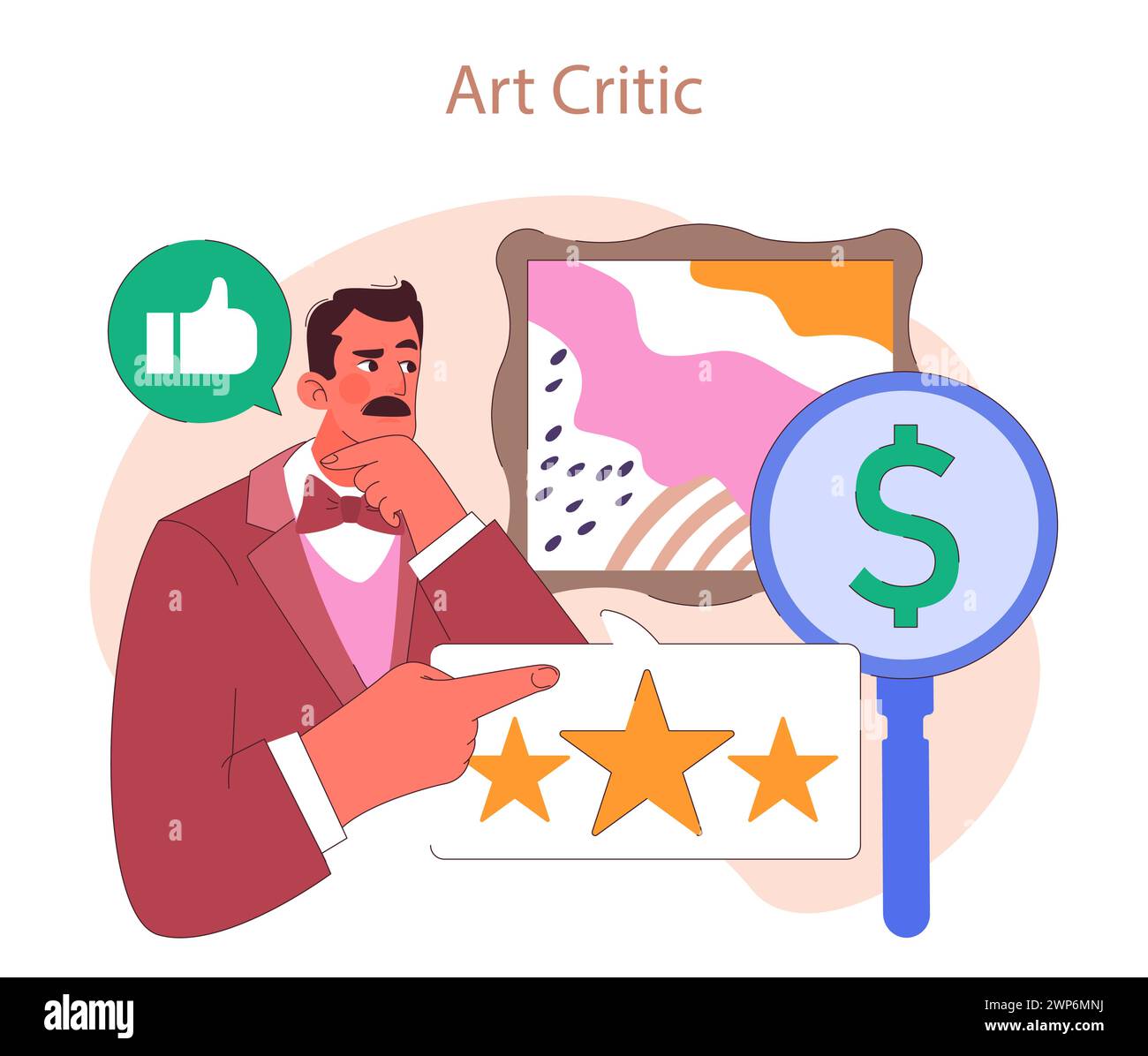 Museum or art gallery. Thoughtful art critic evaluates modern painting ...