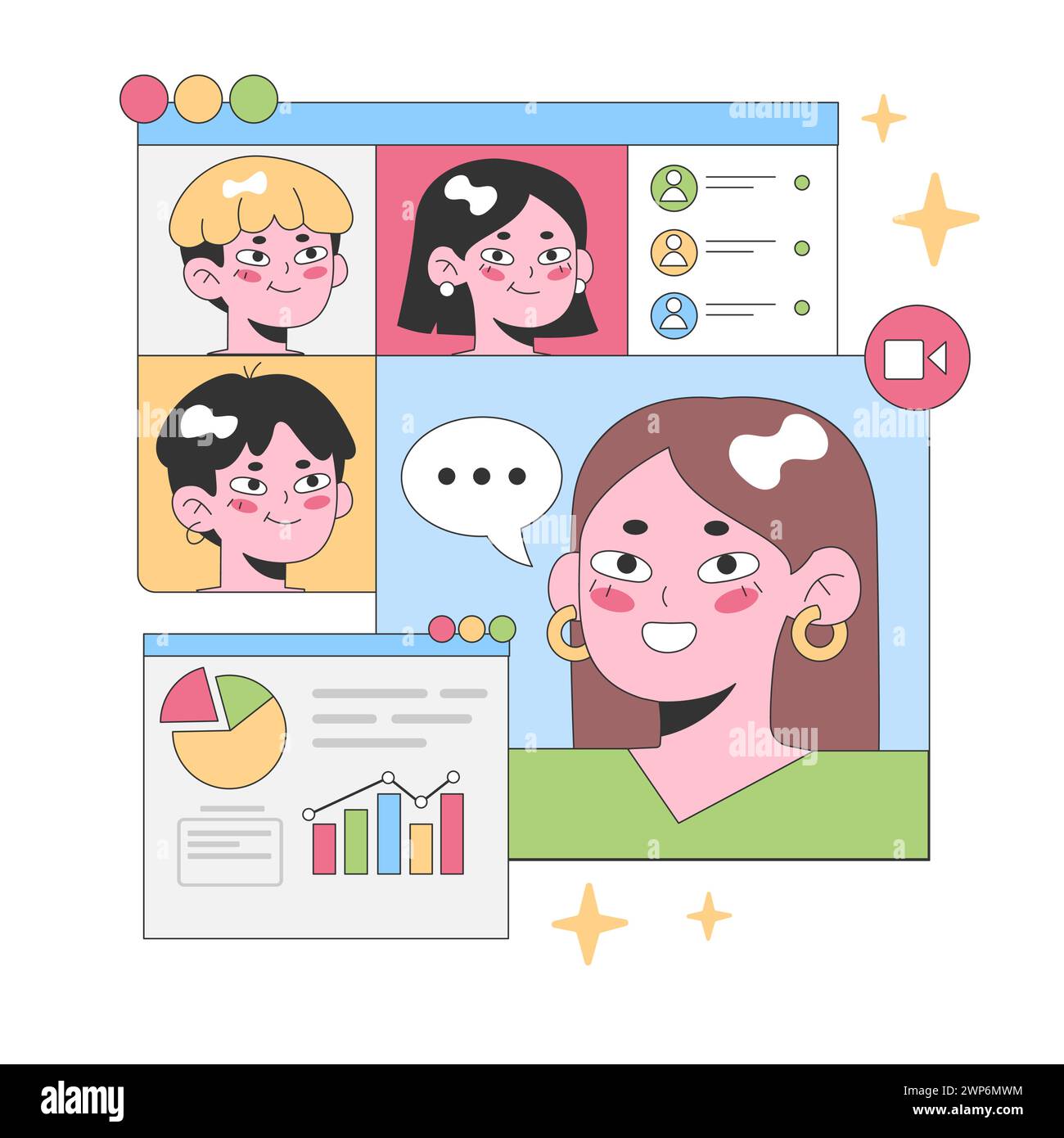 Virtual meeting interface showcasing diverse team members with colorful ...