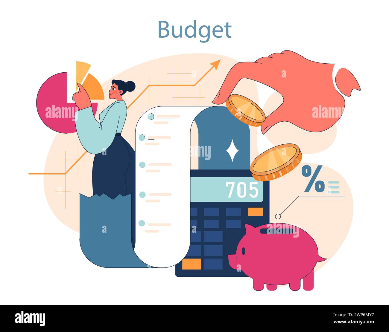Budgeting Insight Concept. Woman evaluates financial pie chart, coins ...