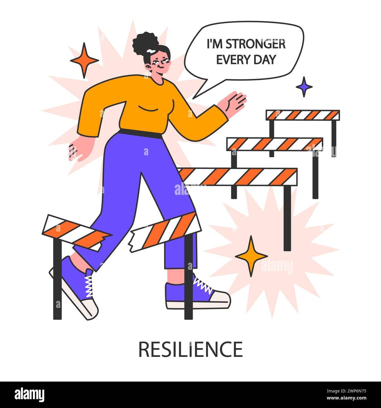 Resilience. Confident woman steps over hurdles. Determined female character breaking through ...