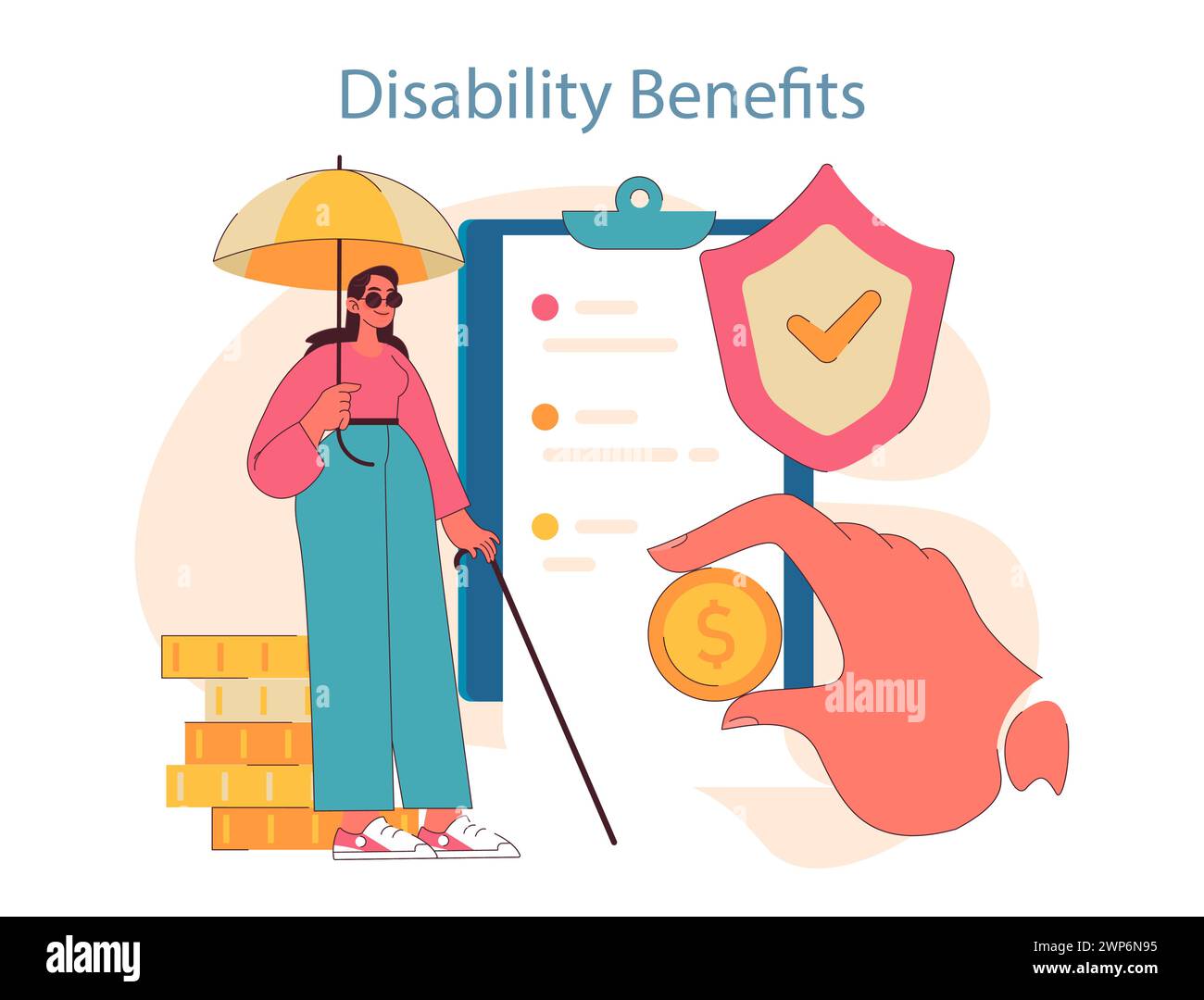 Confident woman with a cane stands under an umbrella, showcasing ...