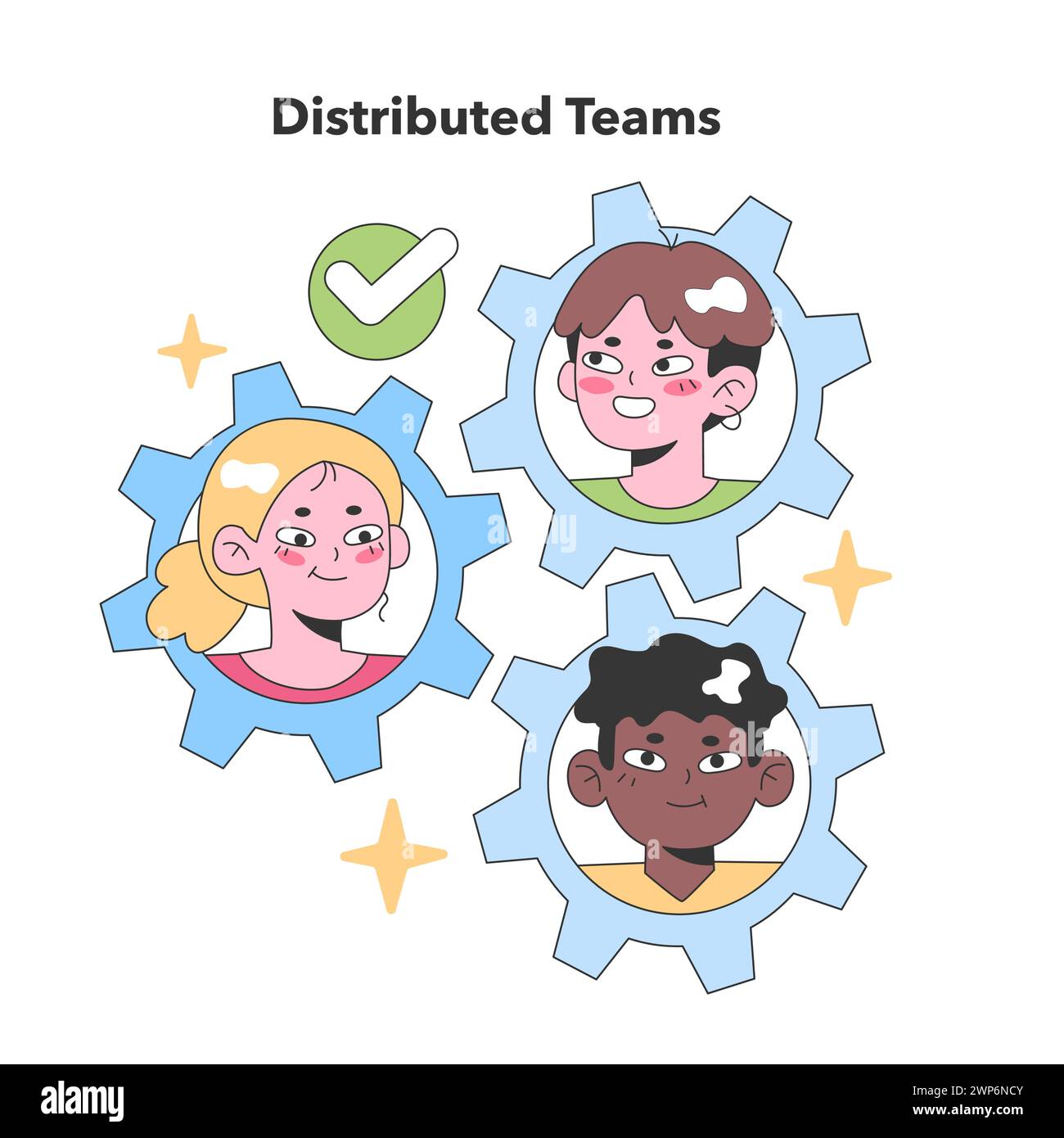 Diverse team members in cogwheels represent collaboration in ...