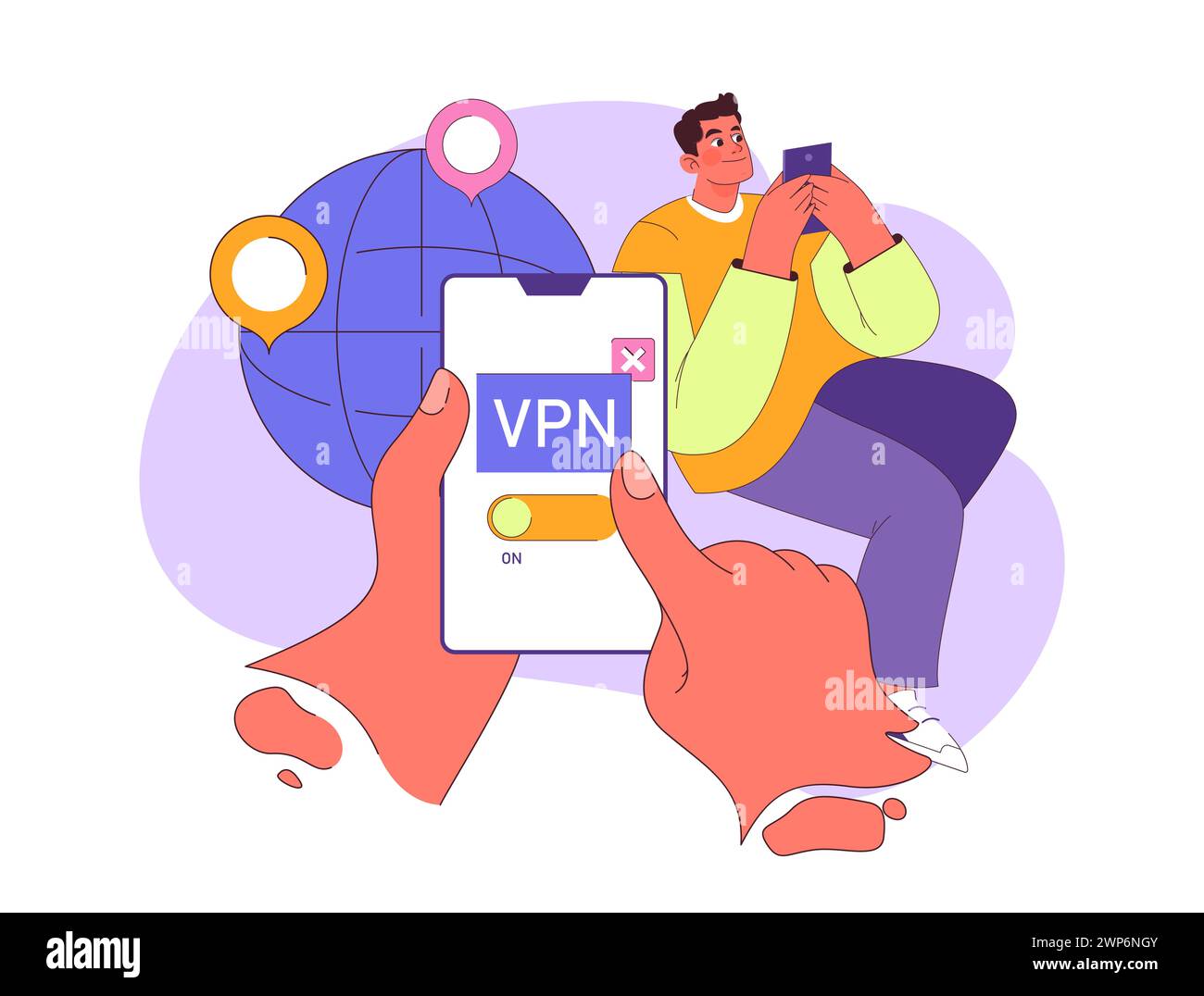 VPN concept. Man blissfully connects to global networks using mobile ...
