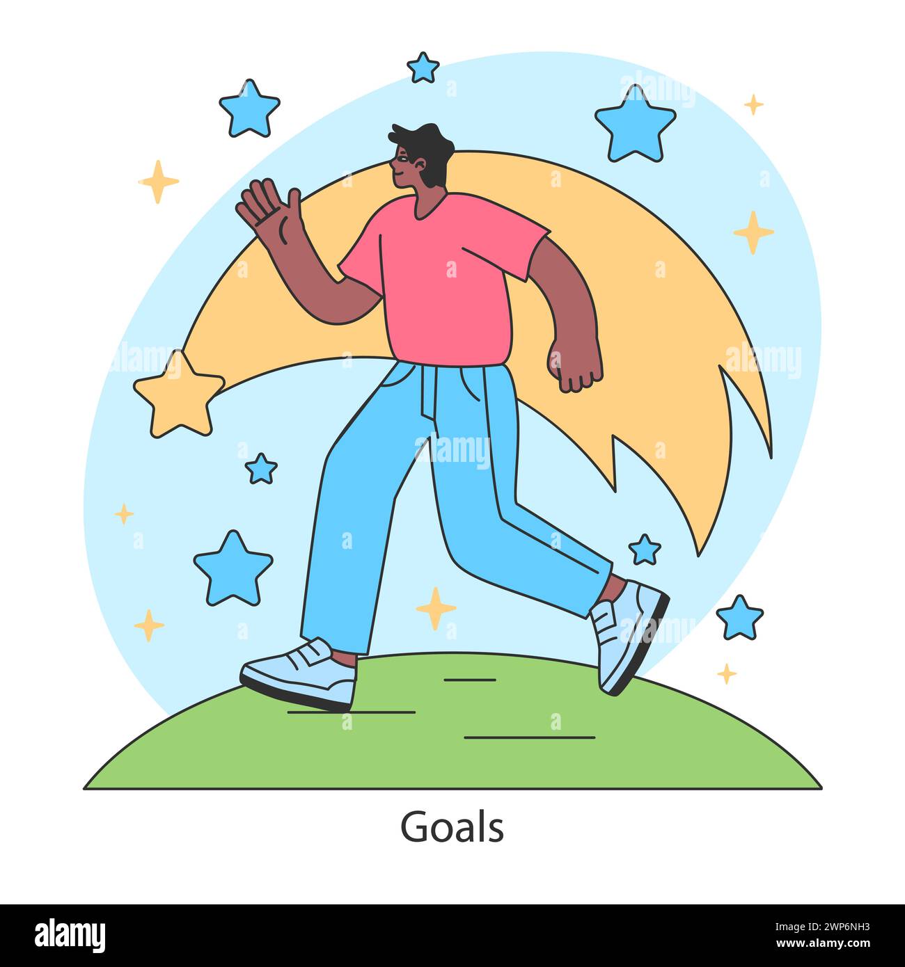 Goals concept. A person strides towards aspirations, reaching for the ...