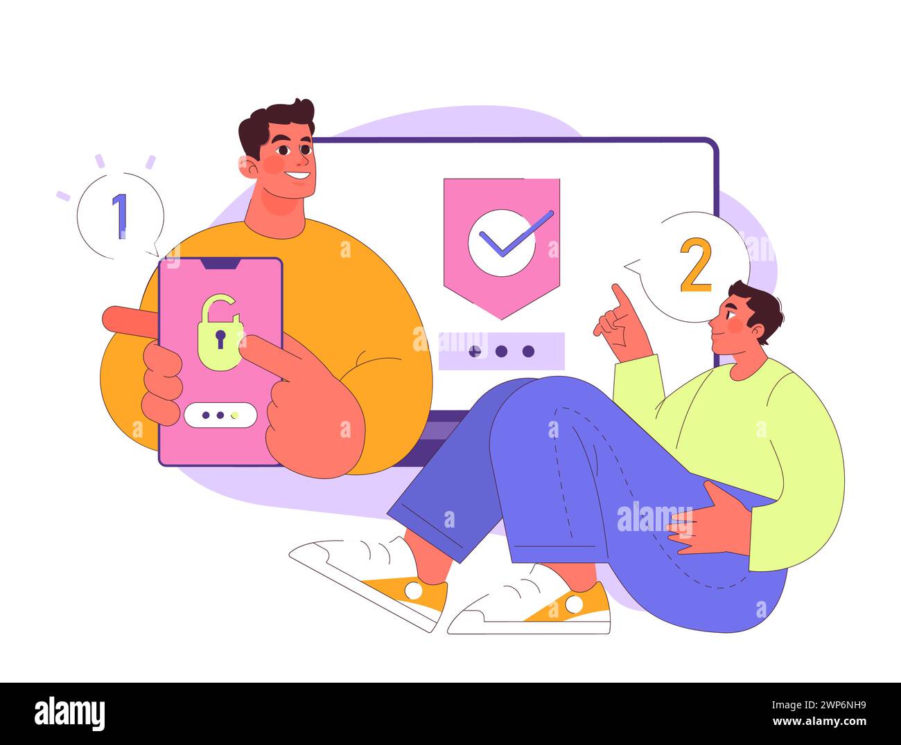 Two-Factor Authentication concept. Smiling user secures his device with password and approved ...