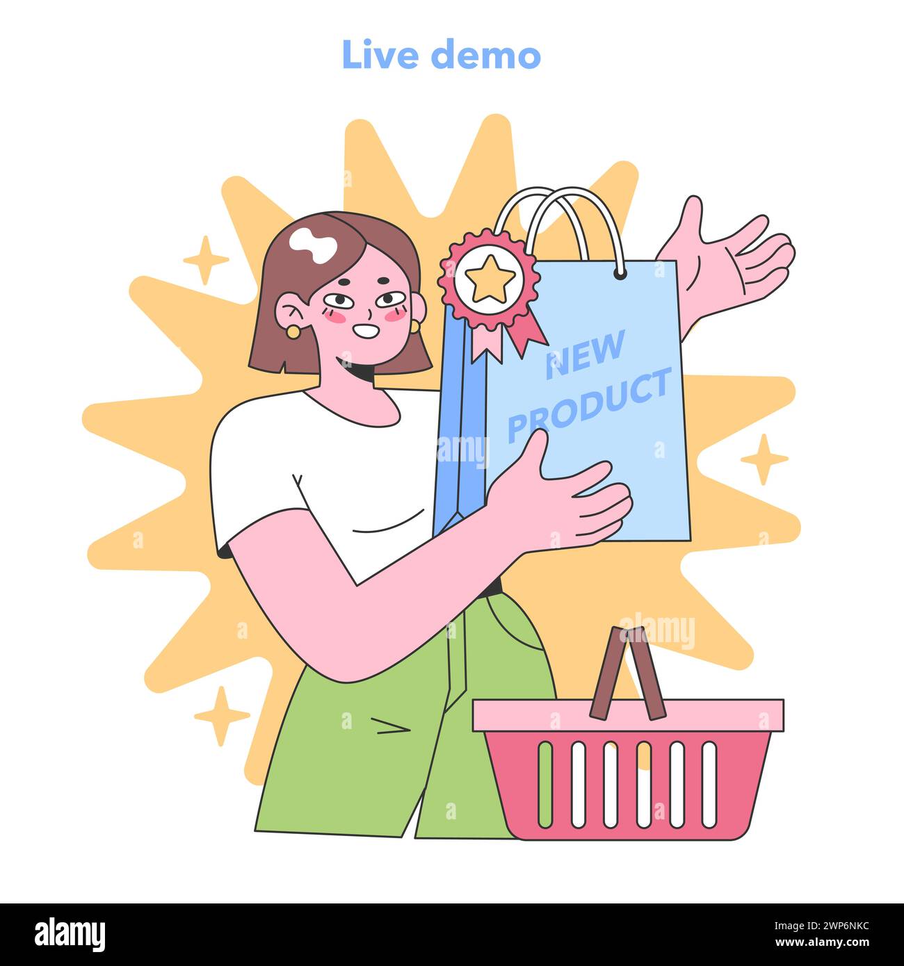 Interactive Showcase. Excited customer holding a 'New Product' bag ...