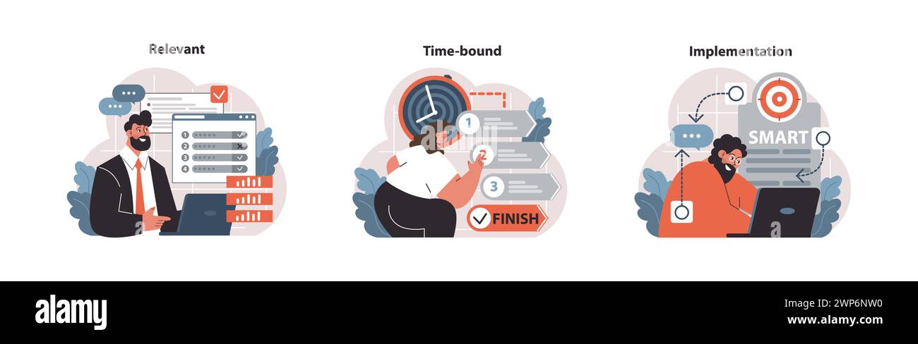 SMART goals set. Professionals prioritizing tasks, measuring progress ...