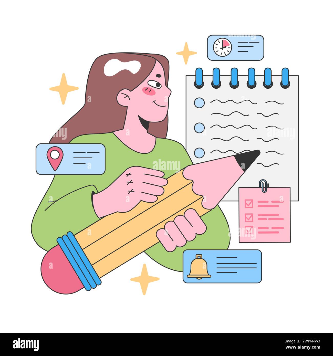 Organized woman planning tasks concept. Cheerful lady with a large ...