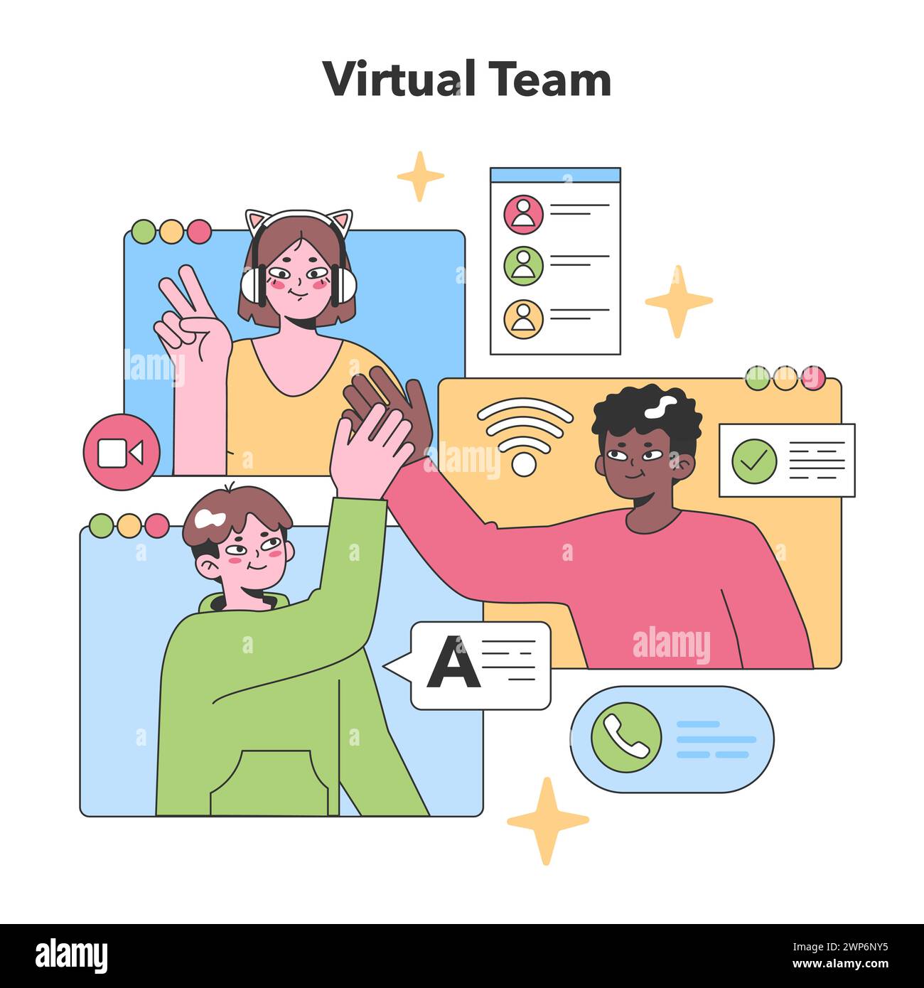 Colorful illustration capturing a diverse virtual team engaging through ...