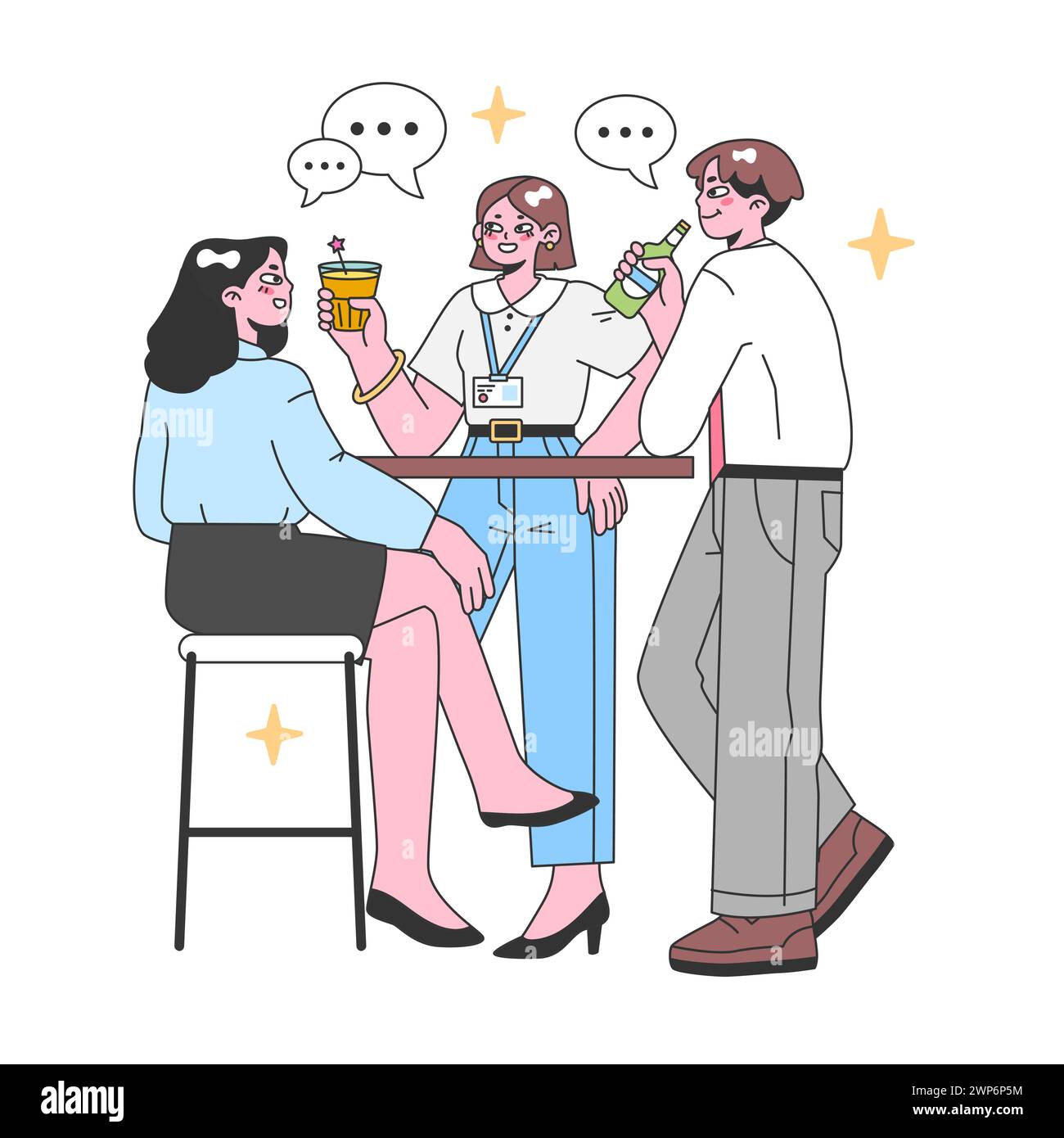 Casual networking concept. Colleagues gather at a high-top table ...