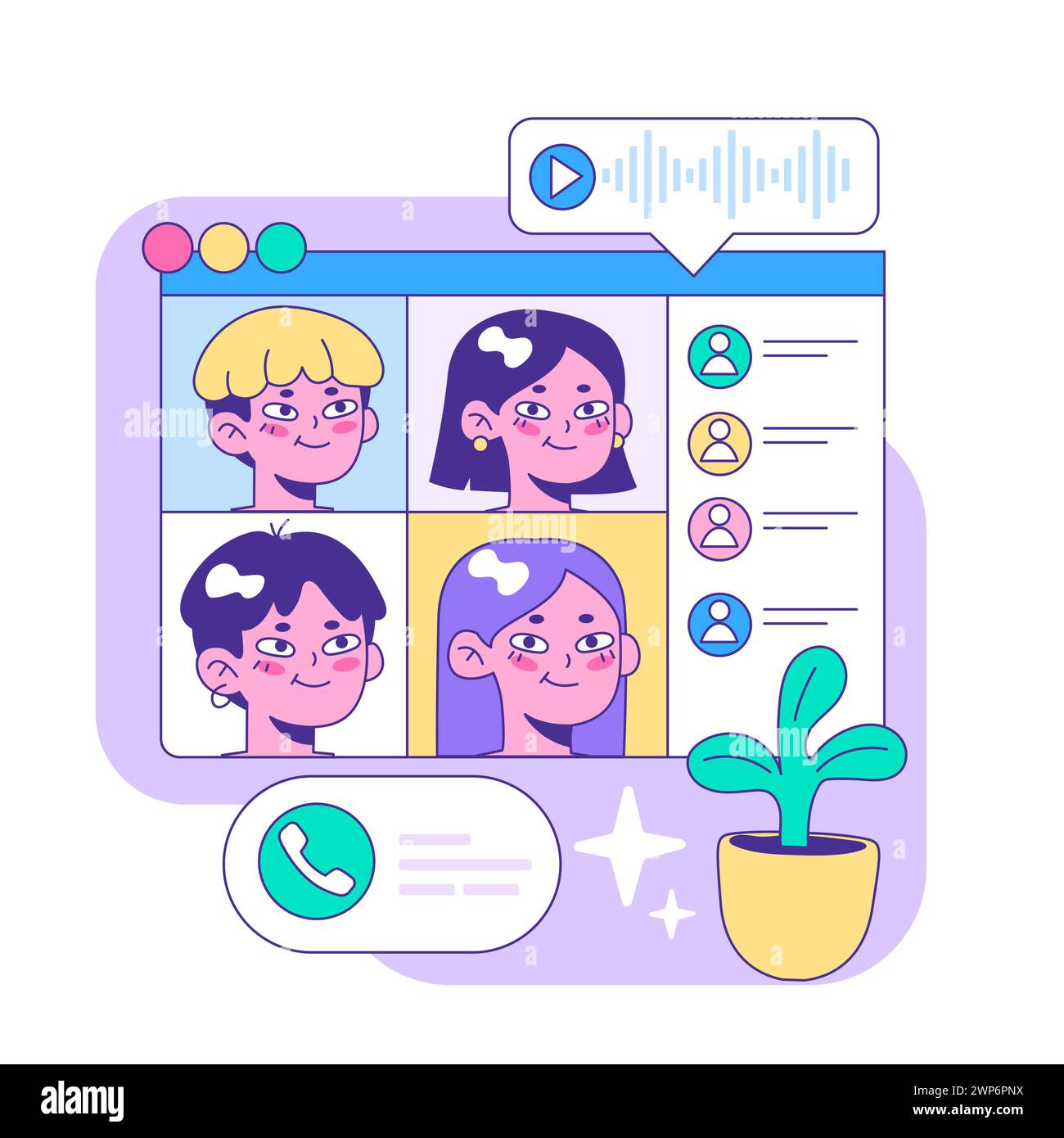 Engaging online group video call featuring diverse faces. Flat vector ...