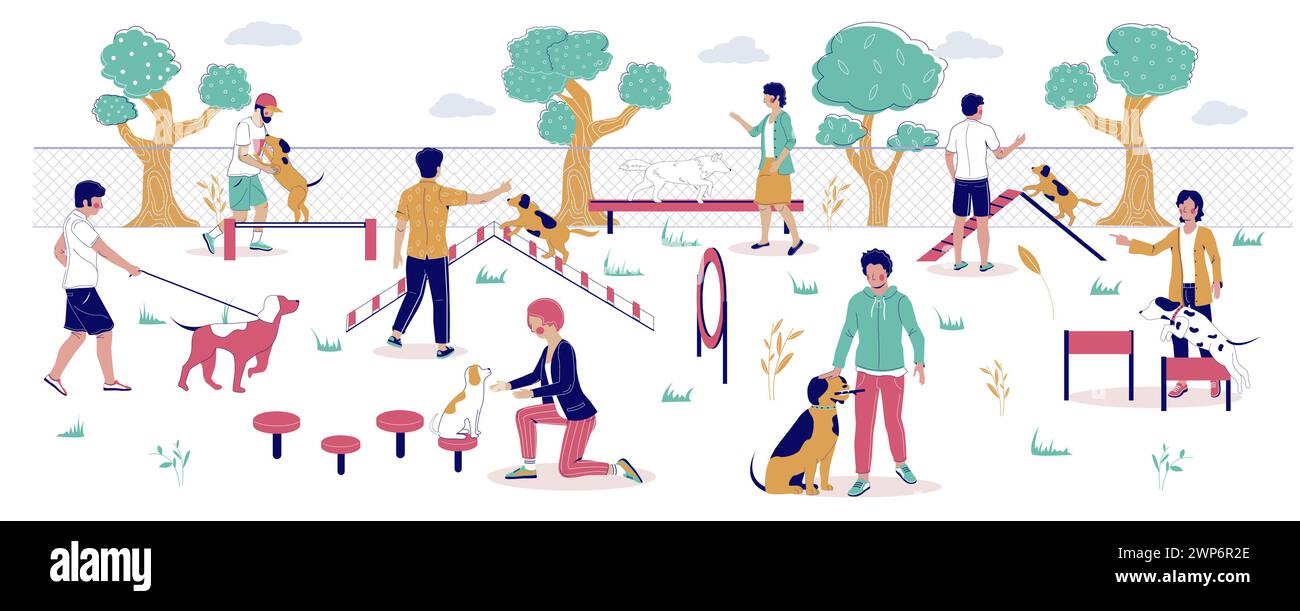 Happy people training pets at dog walking area vector illustration ...