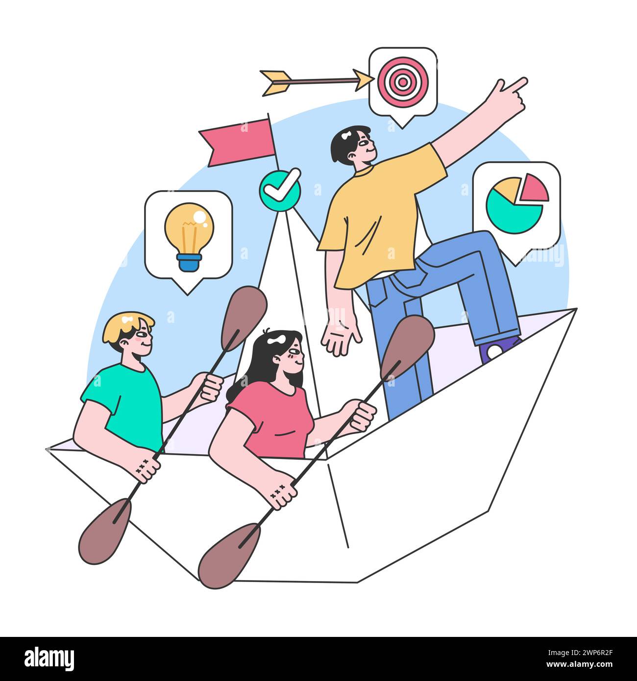 Teamwork in action concept. A leading man aims for the target while his ...