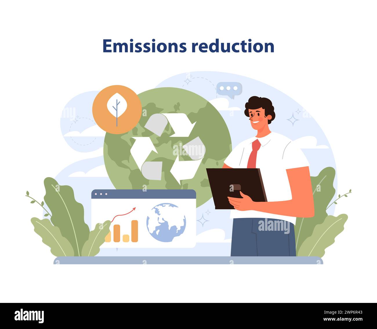 Emissions Reduction concept. Dedicated man with laptop highlights ...