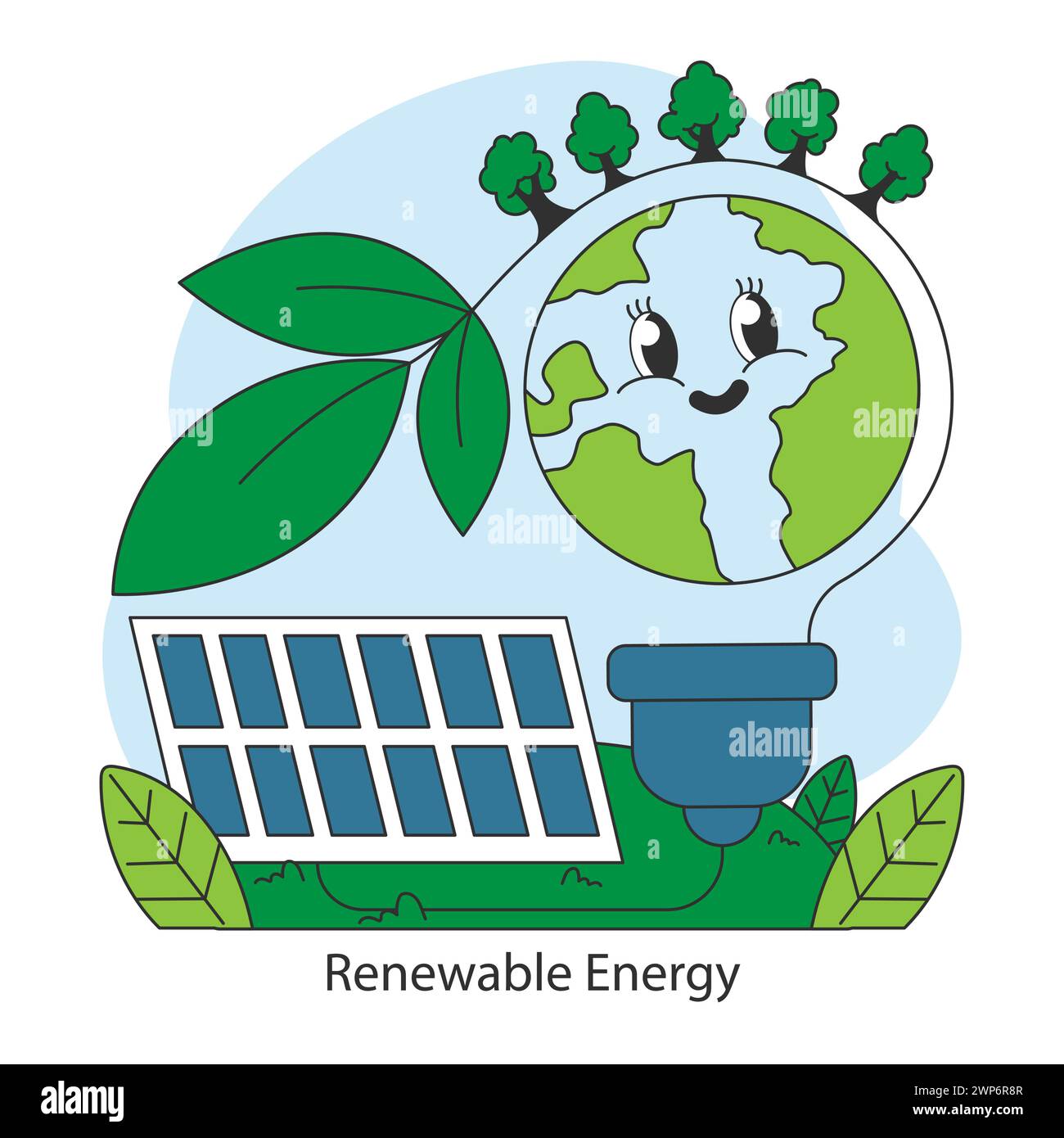 Renewable energy. Smiley cartoon globe character. Solar panel clean ...