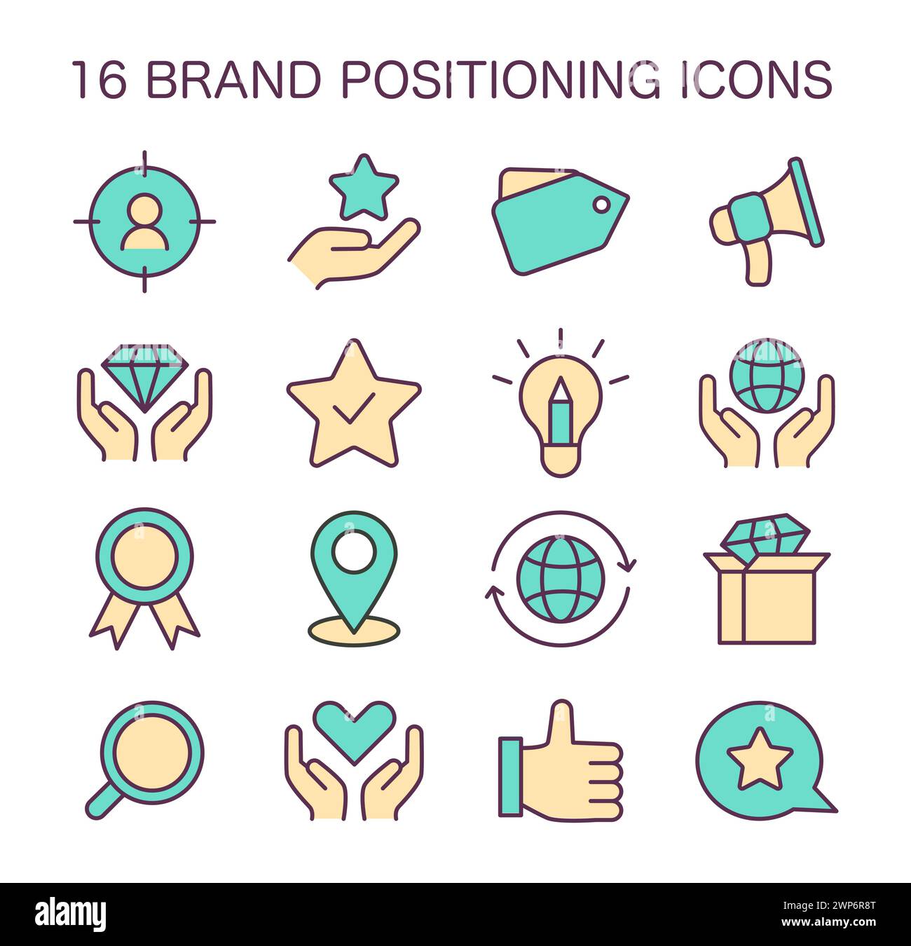 Set of brand positioning icons. Showcasing key marketing elements like ...