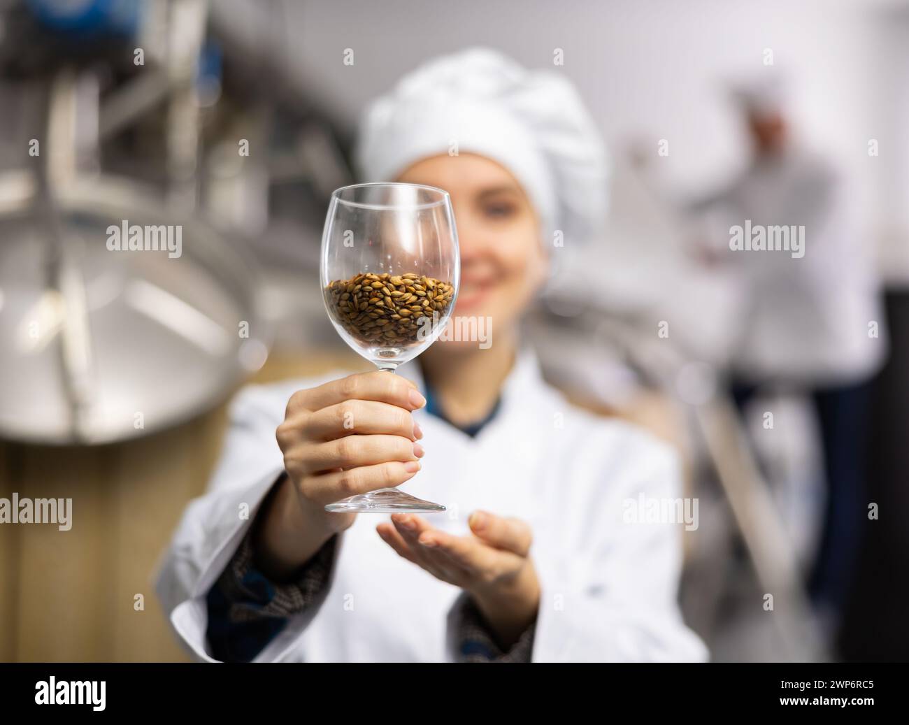 Glass with malted barley grain in hands of female brewmaster Stock ...