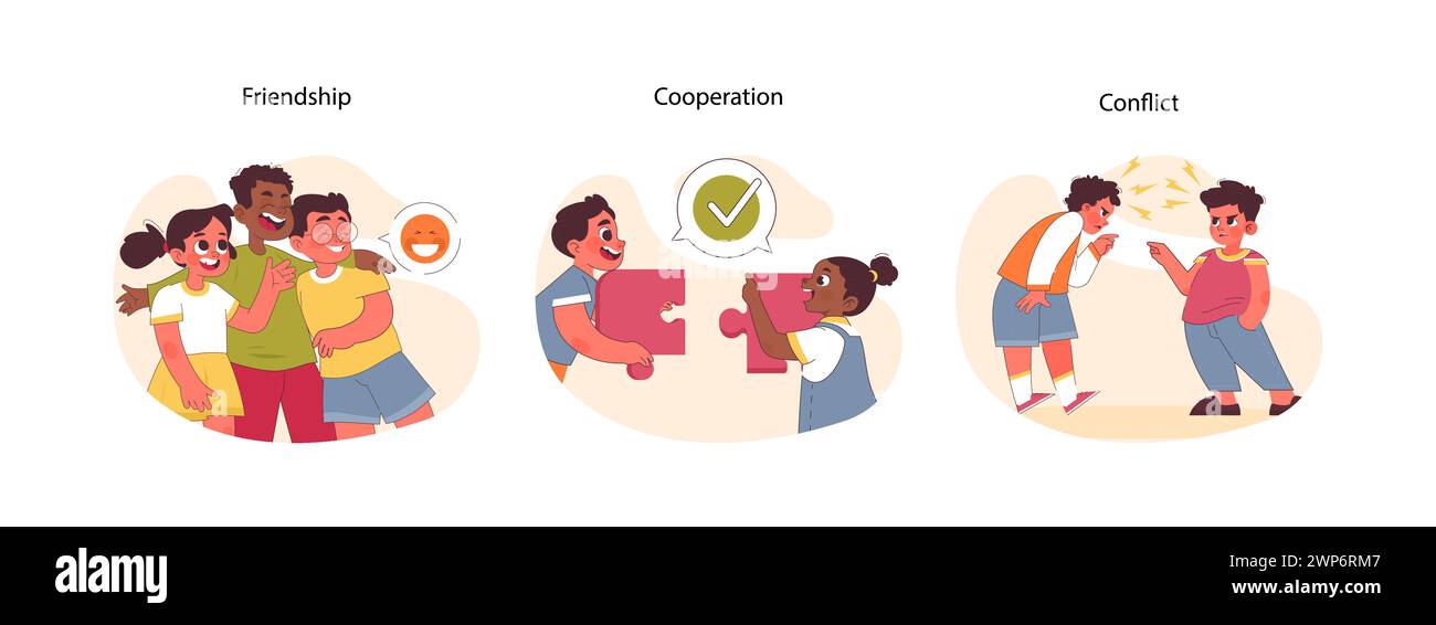 Social dynamics set. Illustration of children in moments of friendship ...