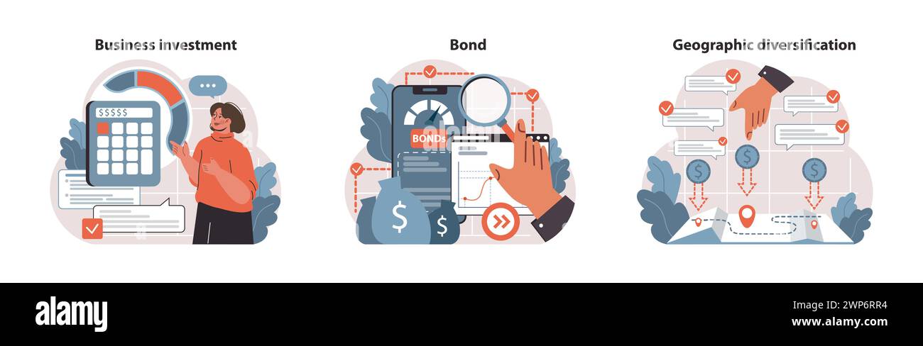 Investment strategies set. Calculating profit in business, digital bond ...