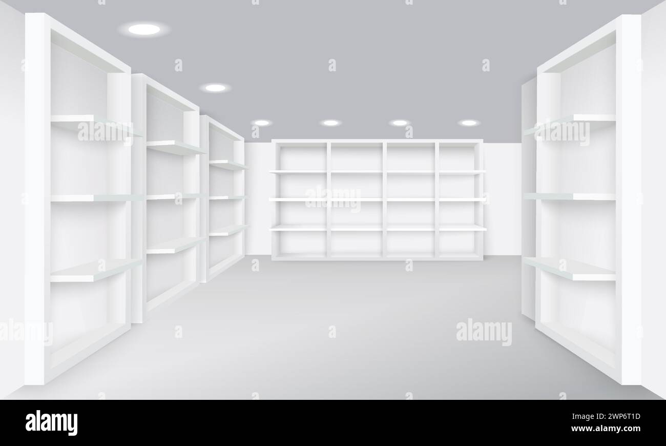 Realistic store interior with empty shelves background Stock Vector ...