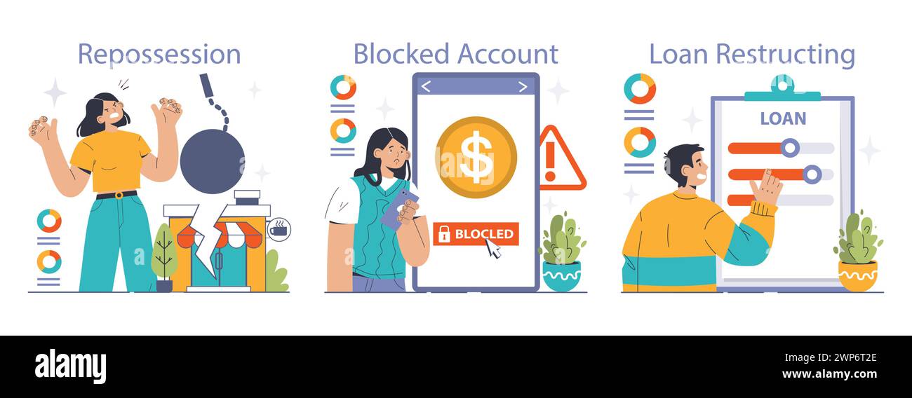 Financial Crisis set. Troubled individuals facing repossession, account ...