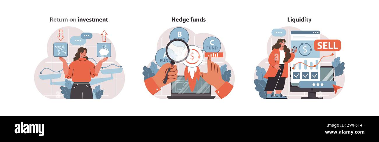 Investment insights set. Analyzing return on investment, understanding ... Investment insights set. Analyzing return on investment, understanding ...
