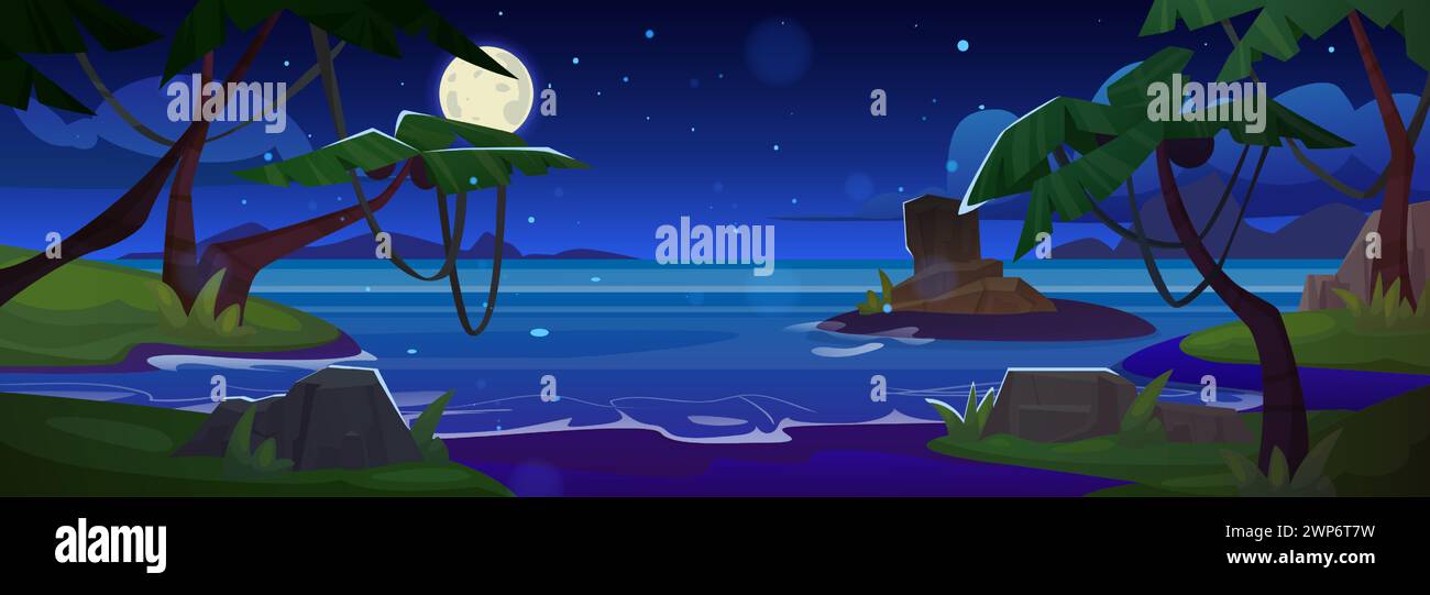 Sandy night beach on summer island in sea. Vector cartoon illustration ...