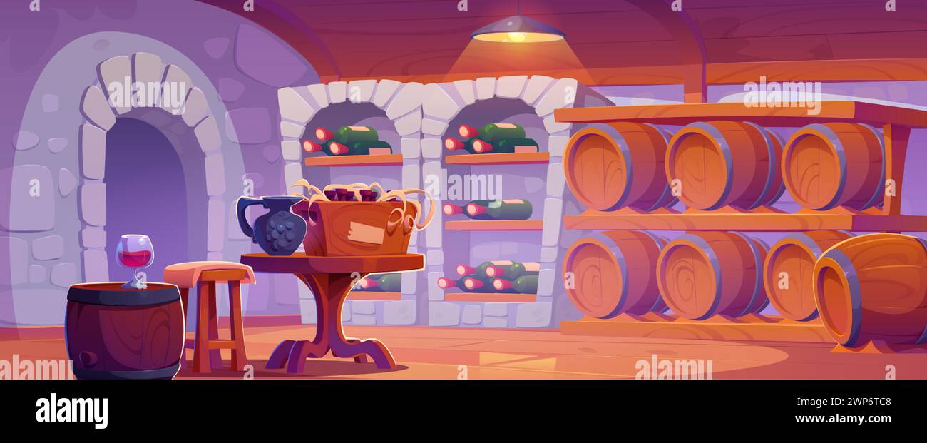 Wine cellar interior for grape drink storage and tasting. Cartoon ...