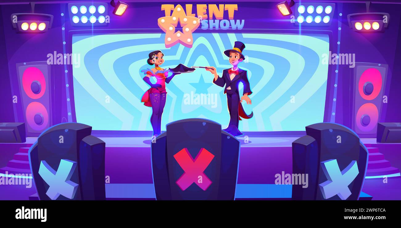 Talent show scene with magician performers in big hall with chairs of ...
