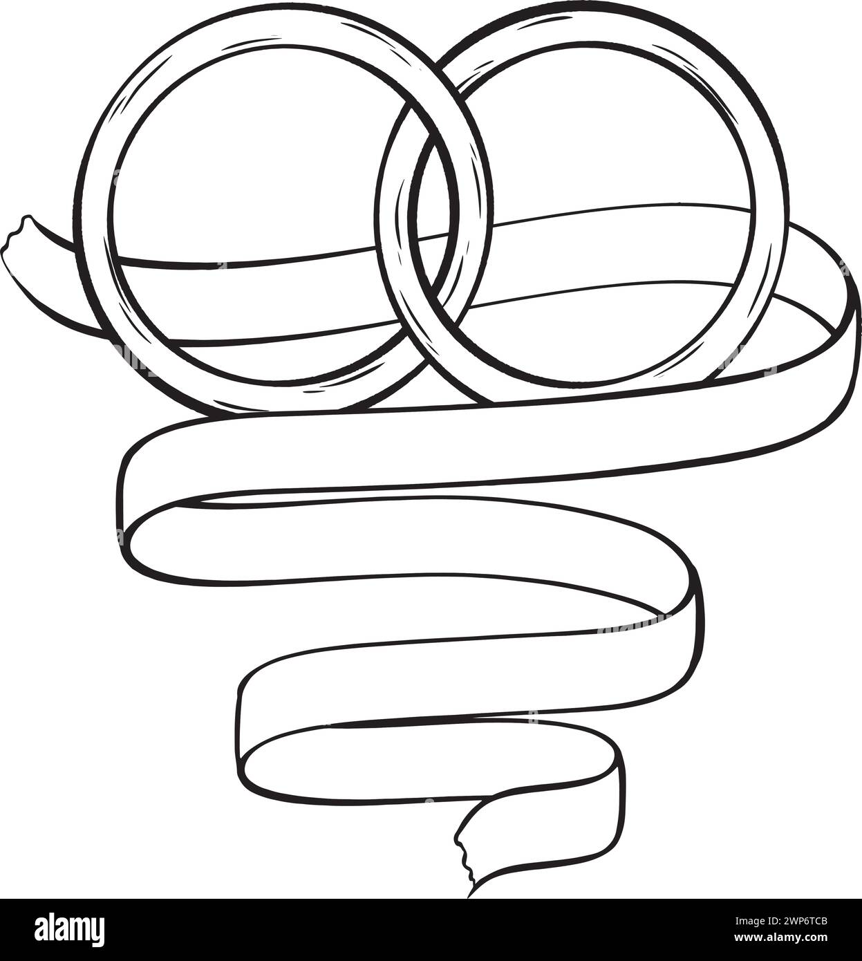 a black and white drawing of two wedding rings and a ribbon Stock ...