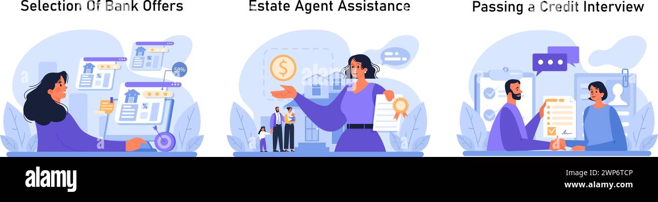 Financial Journey set. Woman explores bank offers, receives expert real ...