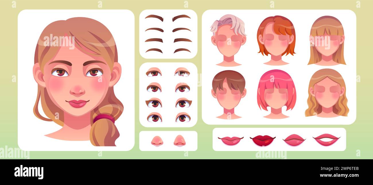 Woman face construction kit with various forms of eyes and brows, nose ...