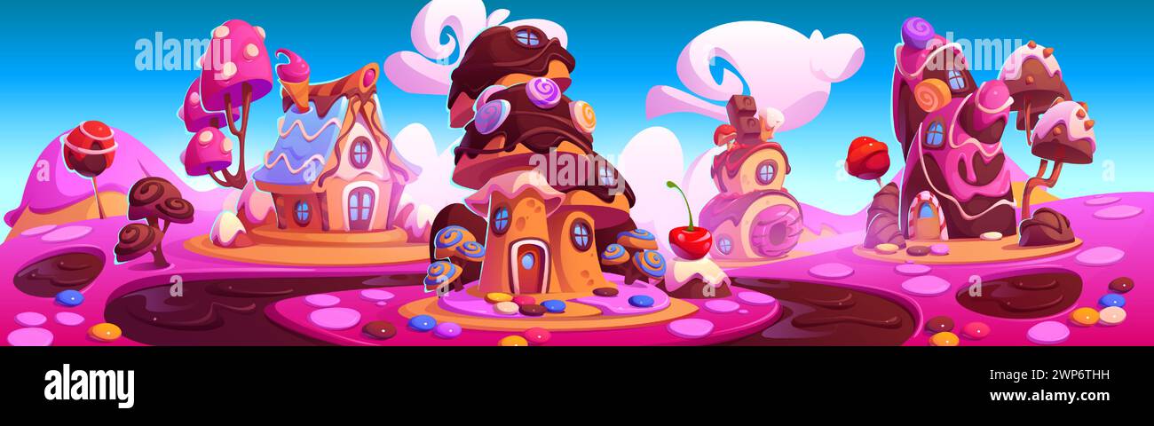 Candy land with fantasy sweet dessert houses, chocolate river and pink ...