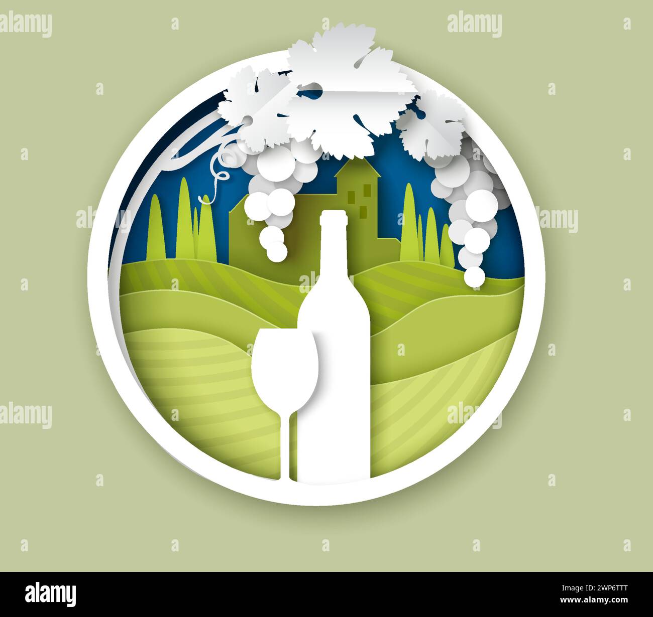 Wine paper art emblem with grapes bunch over vineyard Stock Vector ...