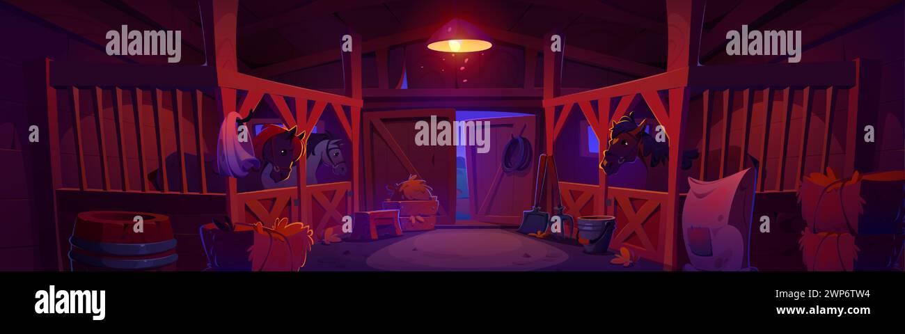 Horse stable with animals in stall at night. Cartoon vector ...