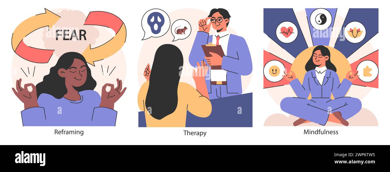 Overcoming fears set. Characters confronting fears with desensitization ...