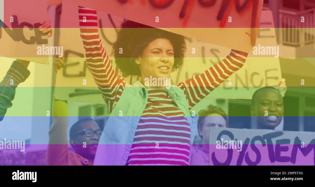 Image of rainbow over diverse protesters with banners Stock Photo - Alamy