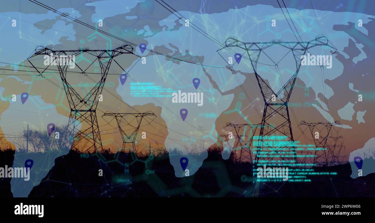 Image of data processing and world map over pylons Stock Photo - Alamy