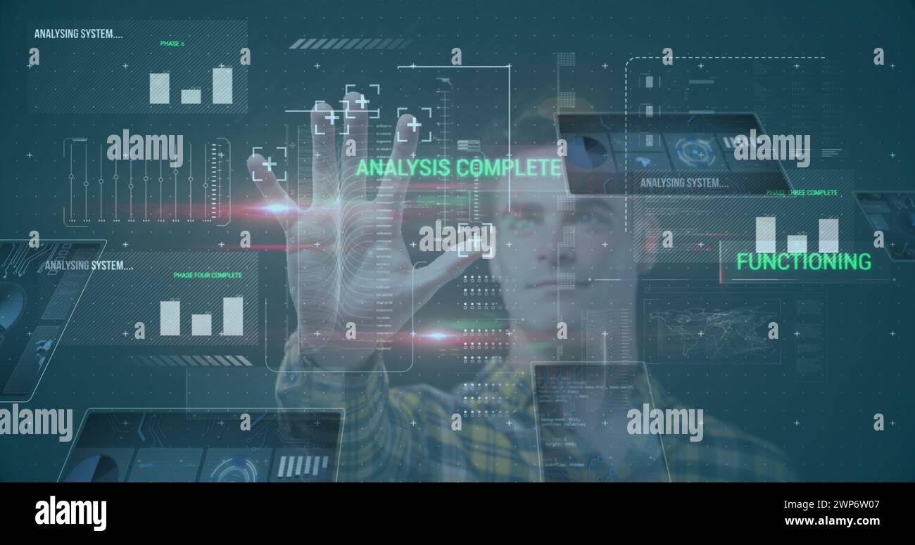 Image of identity data processing over businessman touching biometric screen in background Stock ...