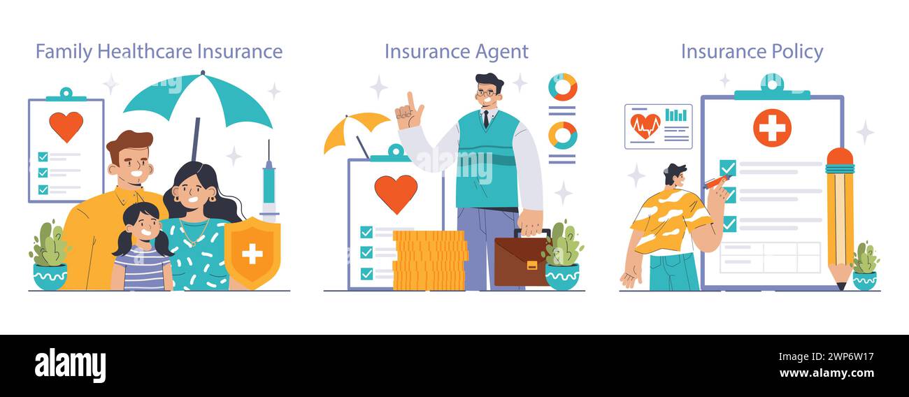 Healthcare Insurance set. A warm portrayal of family security an ...