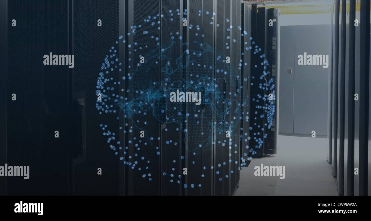 Image of data processing and globe over server room Stock Photo - Alamy