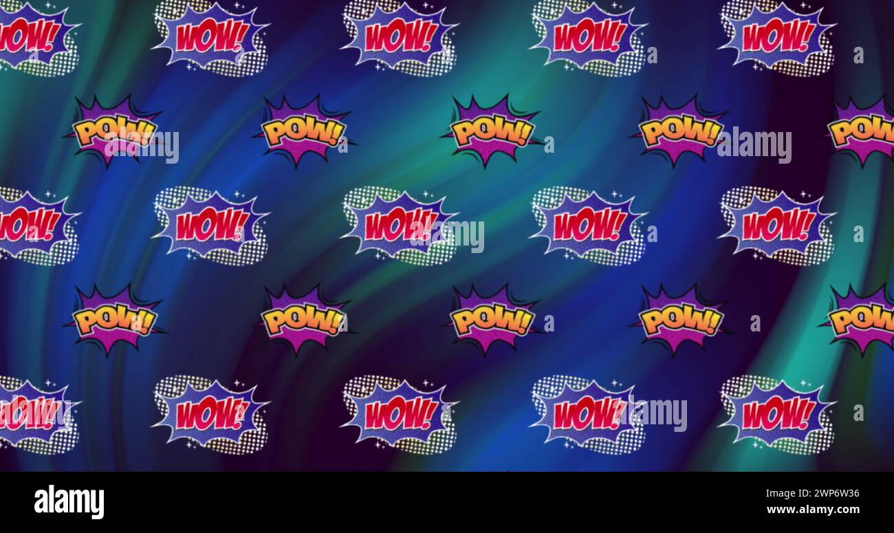 Image of text pow and wow in red and orange, repeated and moving on ...