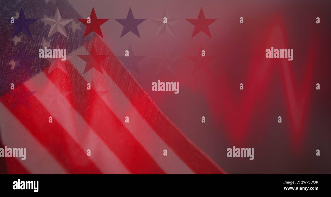 Image of red, white and blue stars with moving red lights, over ...