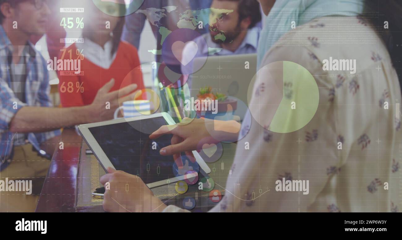 Image of data processing over diverse business people talking Stock ...