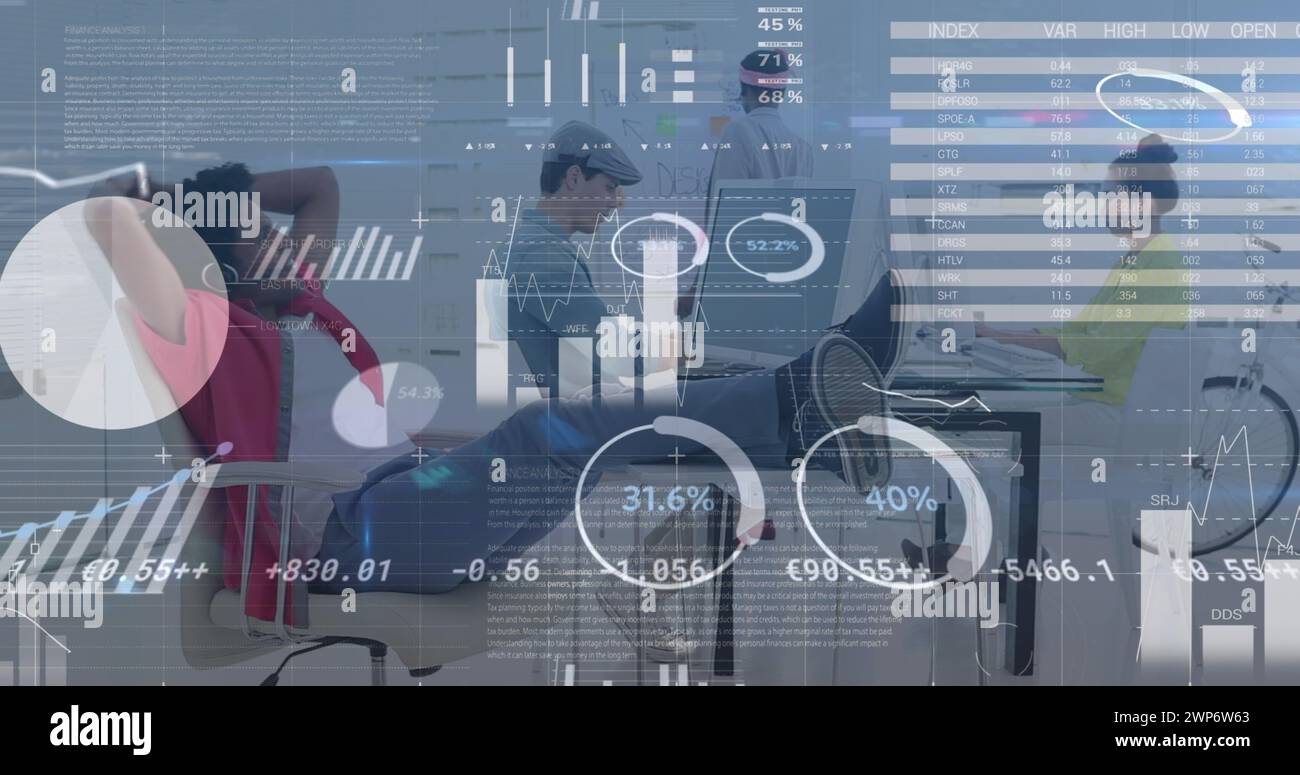 Image of data processing over diverse business people using technology ...