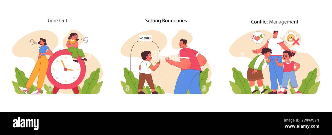 Effective communication set. Parents and children showcase key communicative skills. Setting ...