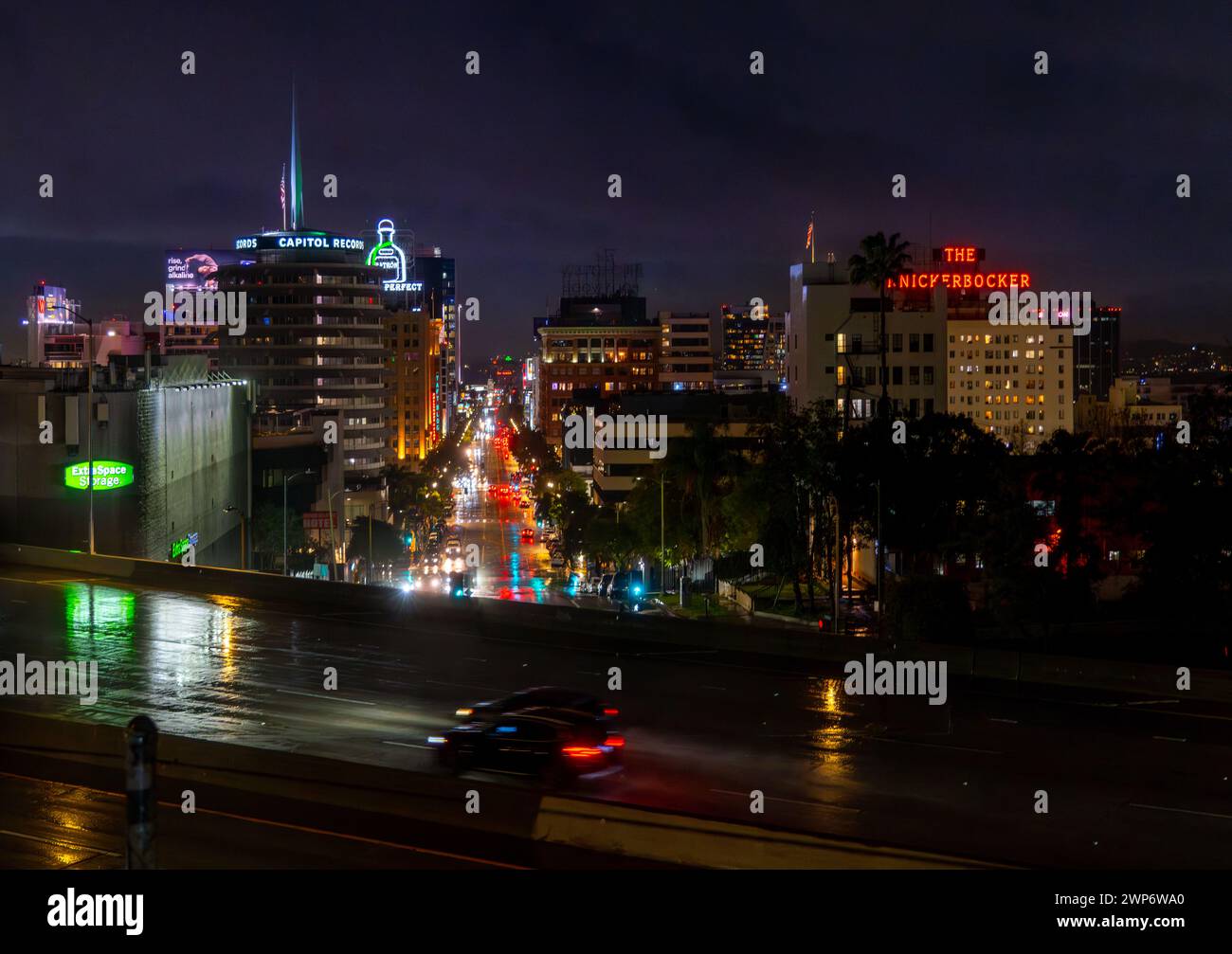 A night view down Vine Street looking past the iconic Capitol Record ...
