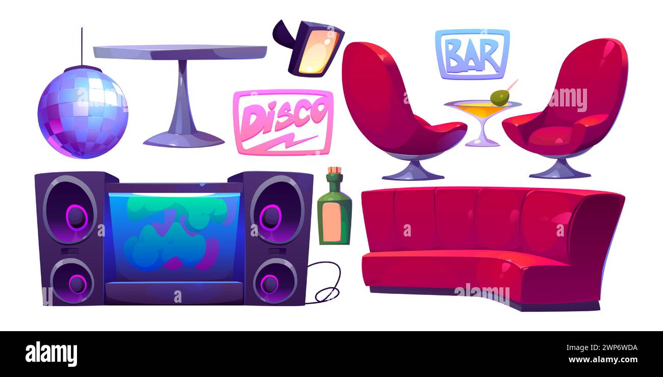 Disco bar furniture and equipment set isolated on white background ...