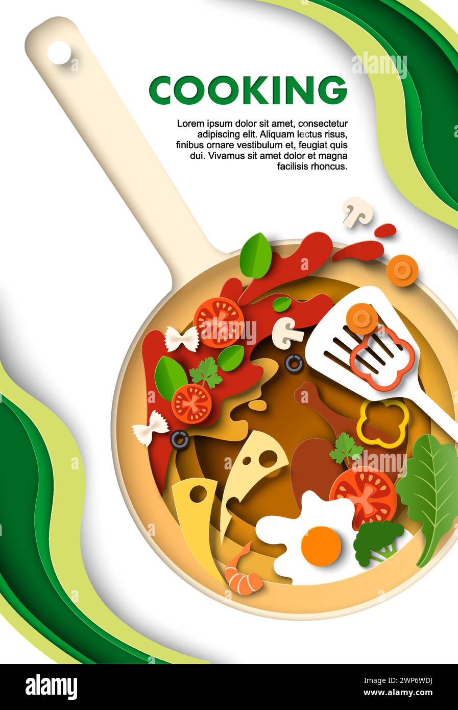 Cooking paper cut poster template with frying pan and ingredient Stock ...